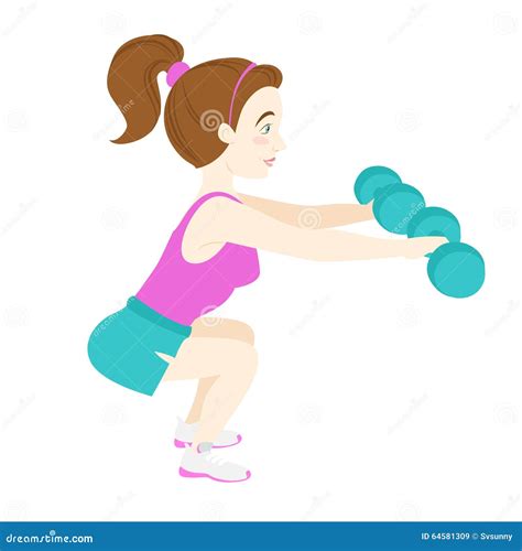 Cute Fitness Woman Squatting With Dumb Bells Stock Vector