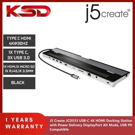 J5 Create JCD533 USB C 4K HDMI Docking Station With Power Delivery DisplayPort Alt Mode USB