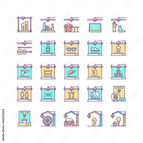3d Printing Technology Rgb Color Icons Set Creating Three Dimensional Objects Rapid