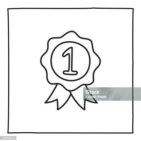 리본과 얇은 검은 색 선으로 그려진 숫자 1 아이콘 손으로 낙서 메달 배지 리본상에 대한 스톡 벡터 아트 및 기타 이미지 리본상 1 드로잉 Istock