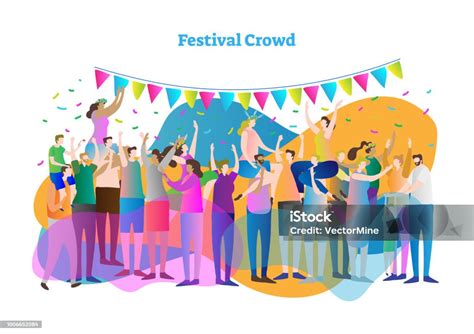 축제 군중 벡터 일러스트입니다 팬 들과 관중 춤 박수 및 보기 콘서트 엔터테인먼트 또는 축 하의 대량 그룹 남자 어깨에 꽃 왕관과 함께 여자입니다 관중에 대한 스톡 벡터