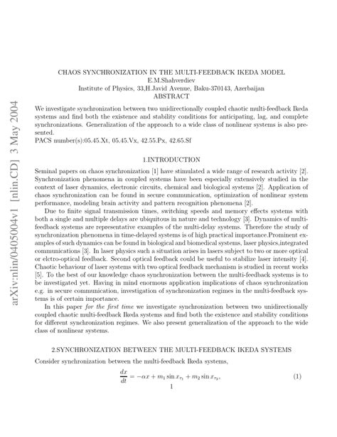 Pdf Chaos Synchronization In The Multifeedback Mackey Glass Model
