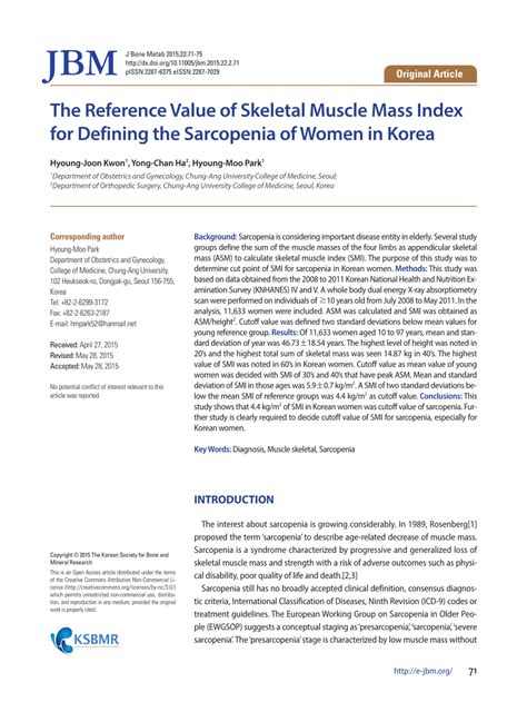 Pdf The Reference Value Of Skeletal Muscle Mass Index For Defining