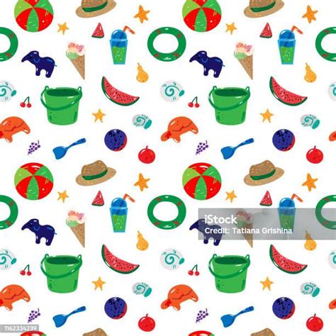 여름 매끄러운 패턴 해변 기호입니다 질감만화 스타일 벡터 그림입니다 개체 그룹에 대한 스톡 벡터 아트 및 기타 이미지 개체 그룹 계절 과일 Istock