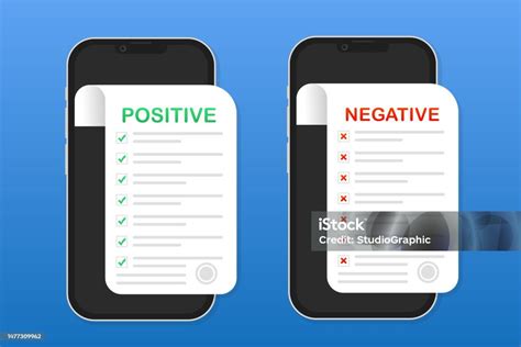스마트 폰에서 긍정적이고 부정적인 결과 인감이있는 종이 눈금과 십자가가있는 문서 흰색 배경에 부정적이고 긍정적 인 결과의 우표 벡터 그림 0명에 대한 스톡 벡터 아트 및