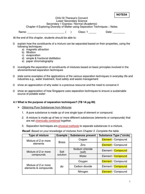 Science Chapter 4 Notes On Matter Pdf Filtration Distillation
