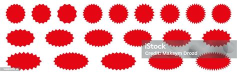 Starburst 빨간색 스티커 세트 흰색 배경에 격리된 라운드 및 타원형 선버스트 레이블 및 버튼 특별 행사 판매 컬렉션 프로모션 광고를 위한 별 가장자리가 있는 스티커