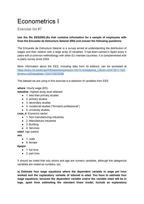 Exercise List 7 Solution Econometrics I Exercise List Use The File Ees2002 That Contains