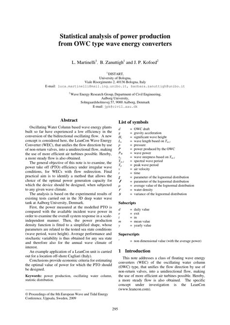Pdf Statistical Analysis Of Power Production From Owc Type Wave Energy Converters