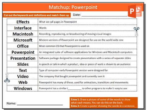 Microsoft Powerpoint Definition Matchup Sheet Ict Computing Starter Activity Keywords Ks3 Gcse