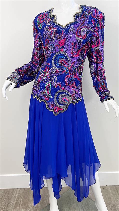 1980s Oleg Cassini Size 14 16 Purple Beaded Silk Chiffon Vintage 80s