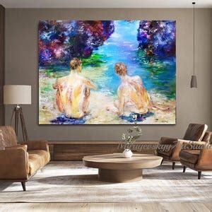 Two Men On Beach Oil Painting Male Nude Art Original Artwork
