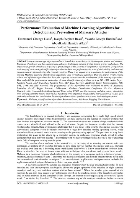 Pdf Performance Evaluation Of Machine Learning Algorithms For Detection And Prevention Of