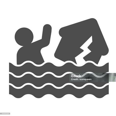 홍수 인간과 손상된 집 단단한 아이콘 기후 변화 개념 벡터 그래픽입니다 남자와 집 익사 흰색 배경에 홍수 기호 모바일 또는 웹 디자인을위한 글리프 스타일 아이콘 강에 대한