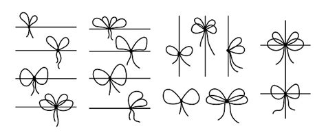 선물용 리본 리본 선물 상자 패키지 축제 카드 또는 배너에 대한 선형 스타일의 요염한 매듭이 있는 스트립 세트 흰색 배경에 격리되어 있습니다 벡터 그래픽 일러스트 레이 션