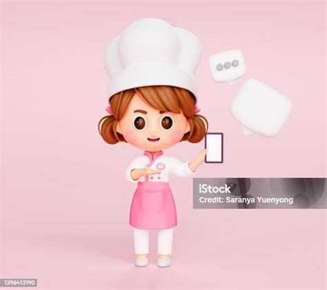 유니폼을 입은 귀여운 요리사 소녀가 스마트 폰을 들고 핑크 배경 3d 일러스트 만화에 버블 채팅 레스토랑 마스코트 캐릭터 로고가 있습니다 3차원 형태에 대한 스톡 사진 및