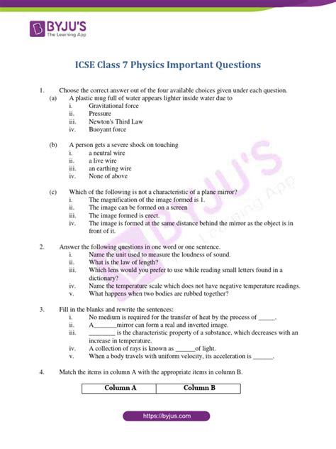 Icse Class 7 Physics Important Questions Pdf Force Light