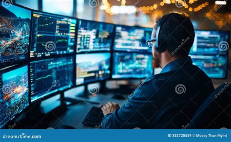A Person Monitors Multiple Screens Displaying Data And Analytics In A High Tech Control Room