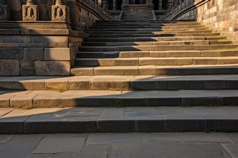 Blue Sunset Casting Long Shadows On The Steps Of An Ancient Temple