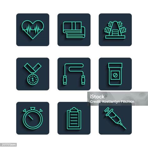 세트 라인 스톱워치 스포츠 훈련 프로그램 도핑 주사기 웨이트와 금속 랙 줄넘기 메달 심박수 및 단백 동화 약물 아이콘 벡터 3위에 대한 스톡 벡터 아트 및 기타 이미지