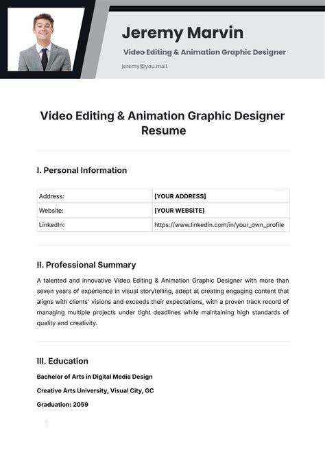 Free Video Editing And Animation Graphic Designer Resume Template To Edit Online