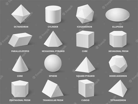 기하학적 3d 모양입니다 현실적인 흰색 기본 형상은 구 및 피라미드 육각형 및 프리즘 사면체 및 원뿔 격리된 아이소메트릭 개체 집합을 형성합니다 프리미엄 벡터