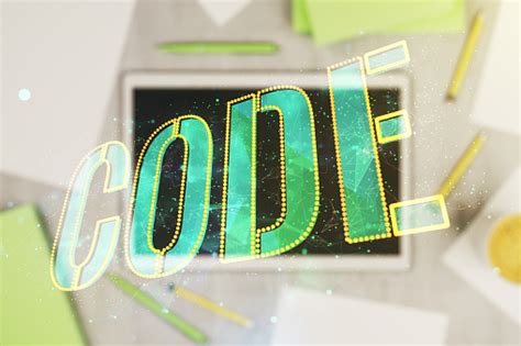 크리 에이 티브 코드 워드 홀로그램 및 디지털 태블릿 배경 평면도 인공 지능 및 신경망 개념 다중 노출 0명에 대한 스톡 사진 및 기타 이미지 Istock