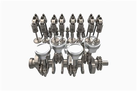 자동차 엔진 부품의 3d 그림 엔진 메커니즘 V8 크랭크 샤프트와 피스톤 흰색 배경 3d에서 격리된 개체 크랭크축에 대한 스톡 사진 및 기타 이미지 Istock
