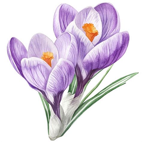 크로커스 꽃 수채화 클리파트 일러스트레이션 분리 프리미엄 벡터