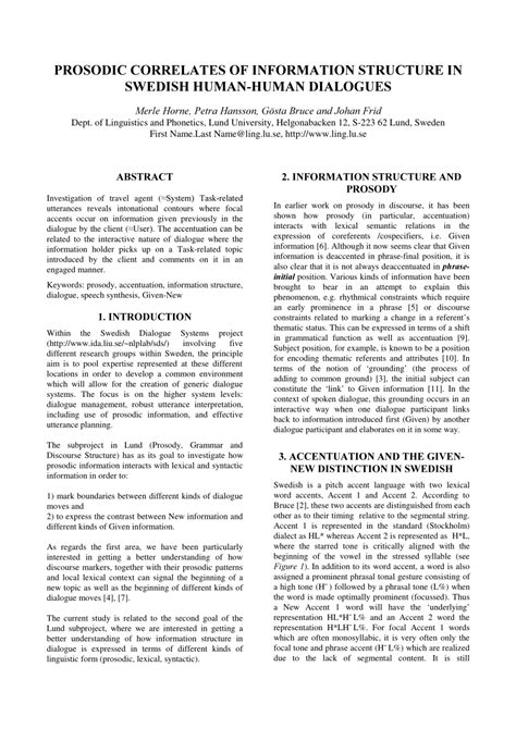 Pdf Prosodic Correlates Of Information Structure In Swedish Human Human Dialogues