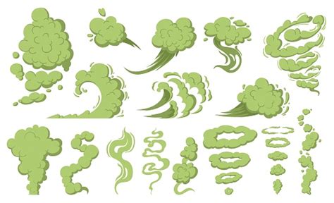 만화 나쁜 냄새 유독 한 구름 악취 배출 대기 오염 연기 먼지 구름 불쾌한 냄새가 나는 만화 구름 담배 연기 요리 증기 가성 연기의 벡터 세트입니다 방귀에 대한 스톡 벡터