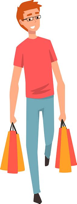 쇼핑 가방 사람이 즐기는 쇼핑 벡터 일러스트 레이 션과 함께 걷는 젊은 남자 걷기에 대한 스톡 벡터 아트 및 기타 이미지