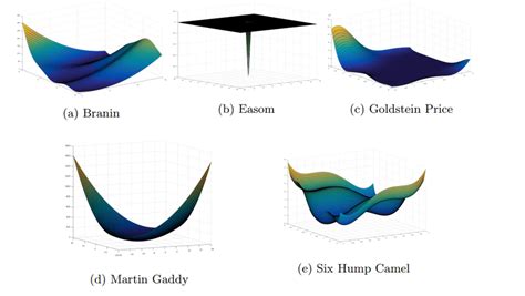 the five two dimensional benchmark test functions used in this