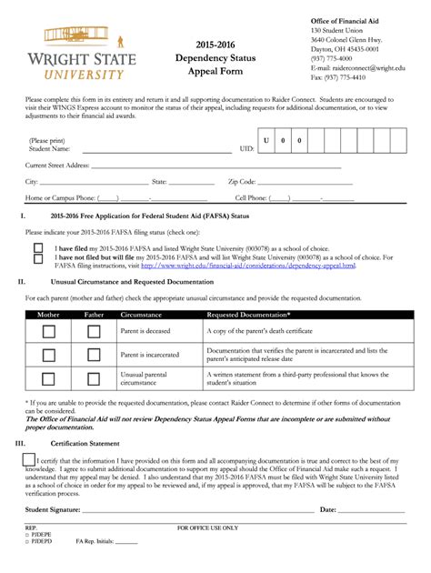 Fillable Online Wright 2015 2016 Dependency Status Appeal Form Fax Email Print
