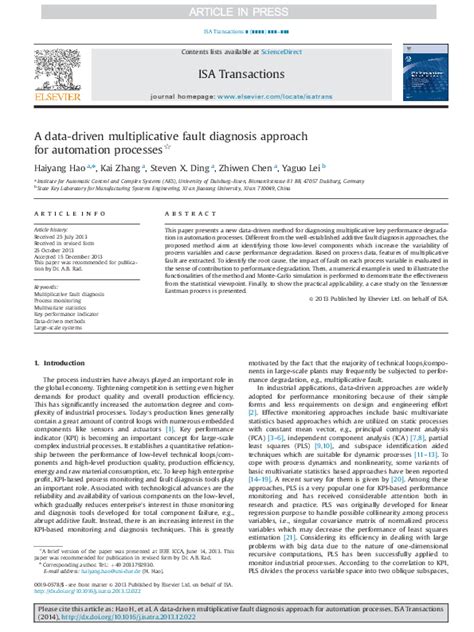 Pdf A Data Driven Multiplicative Fault Diagnosis Approach For