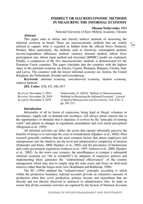Pdf Indirect Or Macroeconomic Methods In Measuring The Informal Economy