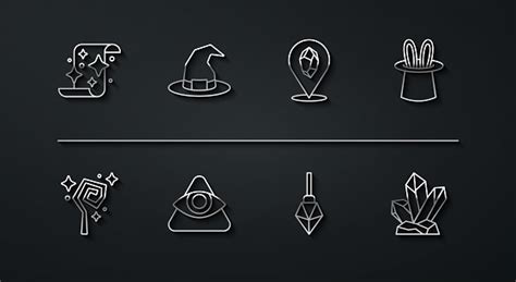 세트 라인 매직 스크롤 지팡이 마술사 모자와 토끼 귀 돌 신의 모든 것을 보는 눈 마녀 아이콘 벡터 Freemasons에 대한