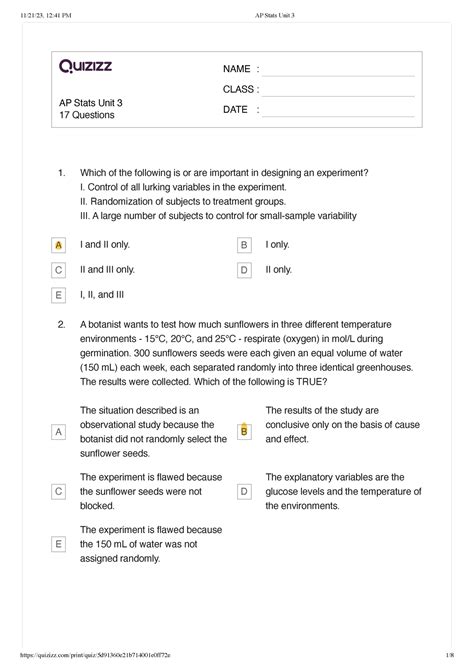AP Stats Unit 3 Helps AP Stats Unit 3 17 Questions NAME CLASS DATE 1 Which Of The