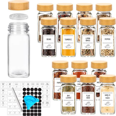 Glass Spice Jars With Label Set Bamboo Lids And Funnel