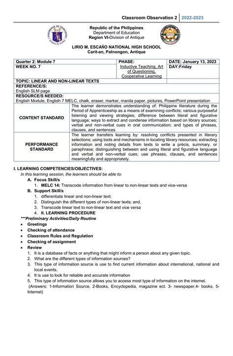 Lesson Plan For English 7 Linear And Non Linear Textdocx