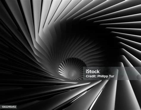 매트 알루미늄 또는 티타늄 금속 소재의 나선형 프랙탈 구조를 가진 부품 터빈 제트 엔진이 있는 추상 미술 3d 배경 배경의 3d 렌더링 깔때기에 대한 스톡 사진 및 기타