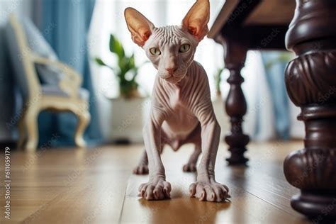 Full Length Portrait Photography Of A Happy Sphynx Cat Paw Licking Against A Chic Dining Room