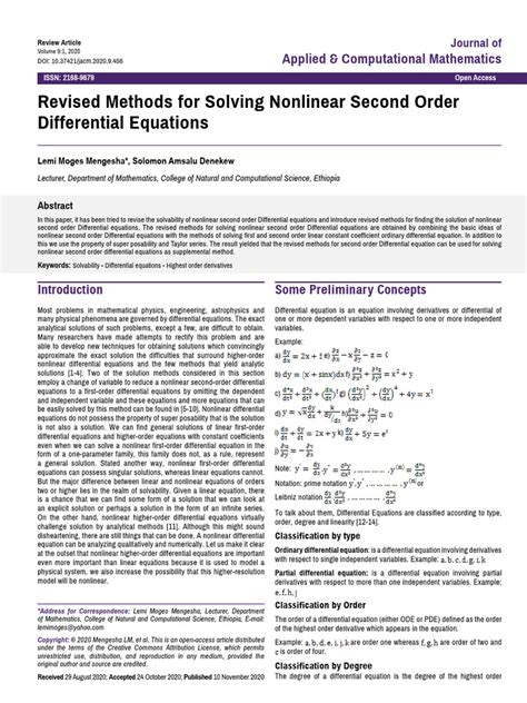 Revised Methods For Solving Nonlinear Second Order Differential Equations Pdf Equations