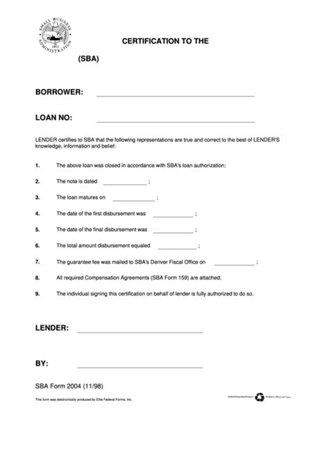Fillable Sba Form 2004 Certification To The Us Small Business