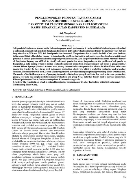 Pdf Pengelompokan Produksi Tambak Garam Dengan Metode Cluster K Means