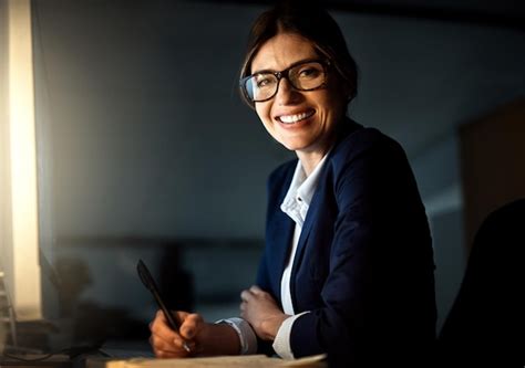Premium Photo Portrait Businesswoman And Writing At Night Or Glasses