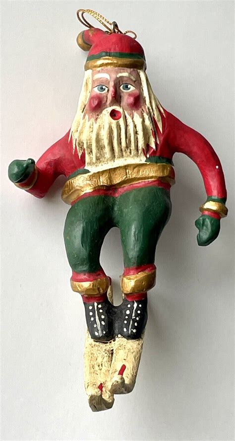 Vintage Bill Jauquet Handcrafted Retired Santa On Skiis Ornament Ebay