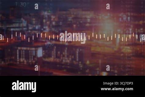 Pulsing Bars Appearing Over Nighttime Skyline Then Drawing Orange Line Chart Showing Trends