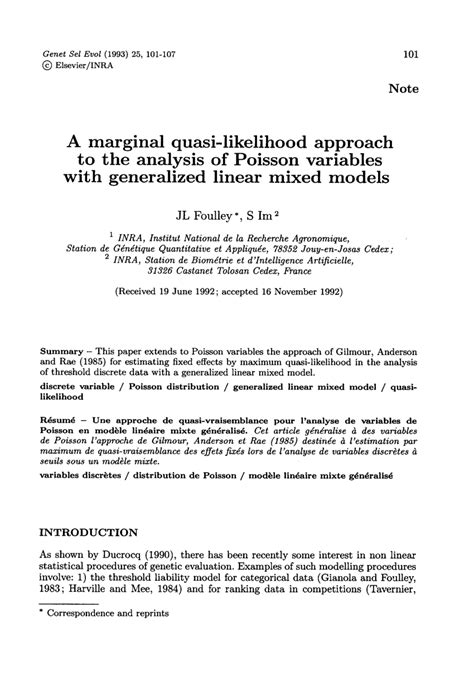 Pdf A Marginal Quasi Likelihood Approach To The Analysis Of Poisson Variables With Generalized