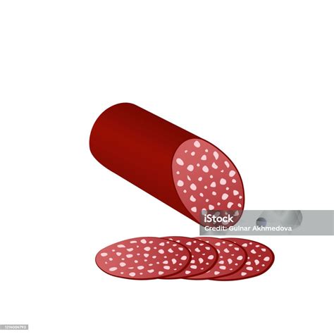 살라미의 클로즈업과 흰색에 고립 된 그림을 슬라이스 만화 스타일 살라미 카페와 레스토랑을위한 육류 제품의 프리젠 테이션 개체 그룹에 대한 스톡 벡터 아트 및 기타 이미지